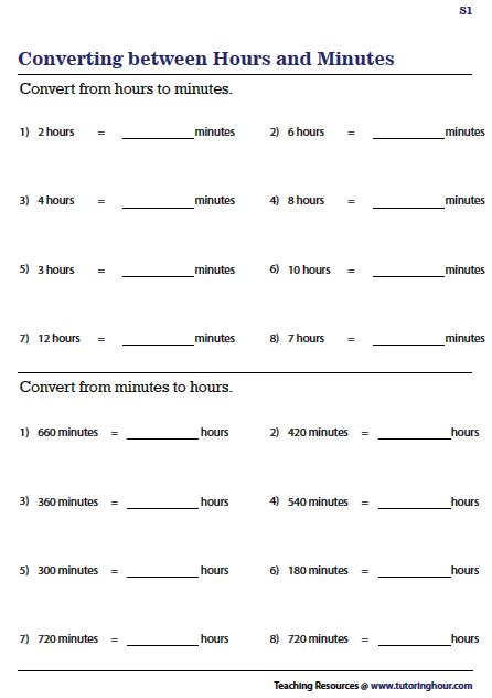 Conversion Between Hours And Minutes Worksheets Measurement