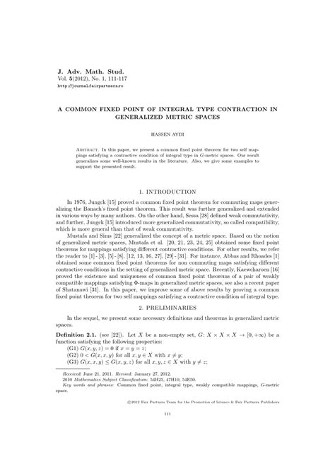 pdf a common fixed point of integral type contraction in generalized metric spaces