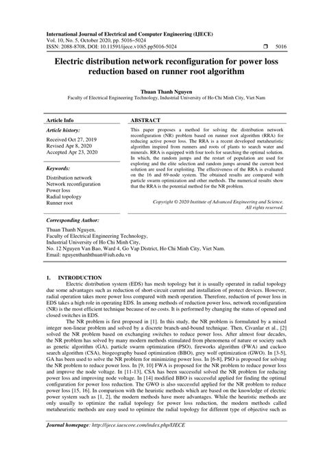 pdf electric distribution network reconfiguration for power loss reduction based on runner