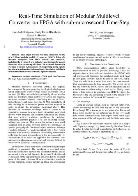 pdf real time simulation of modular multilevel converter on fpga with sub microsecond time step