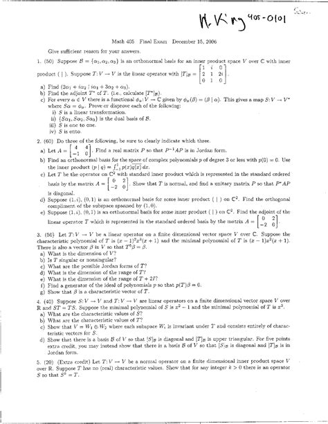 final exam paper linear algebra 2006 math 405 docsity