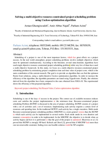 pdf solving a multi objective resource constrained project scheduling problem using cuckoo