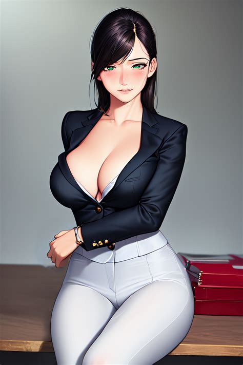Cleavage Big Boobs Green Eyes Alploo Anime Girls Anime No Bra Open Shirt Blushing Black