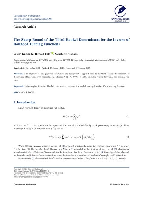 pdf the sharp bound of the third hankel determinant for the inverse of bounded turning functions