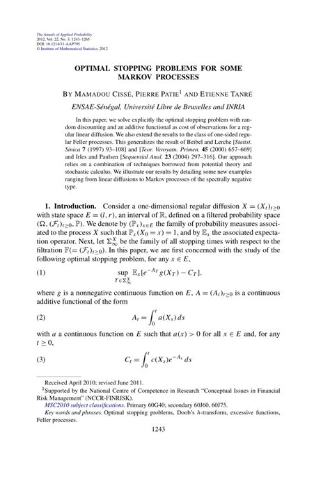 pdf optimal stopping problems for some markov processes
