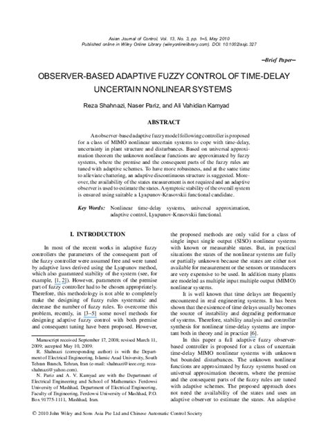 pdf observer based adaptive fuzzy control of time delay uncertain nonlinear systems naser