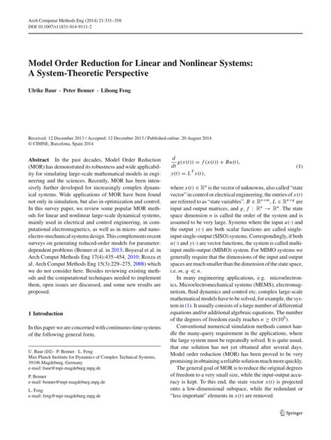 pdf model order reduction for linear and nonlinear systems a system theoretic perspective