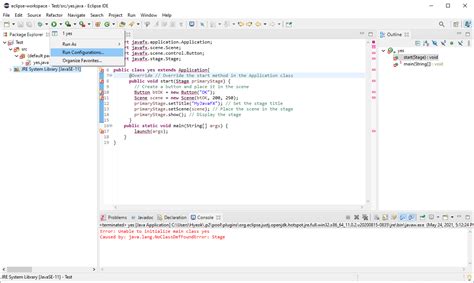 이클립스 JavaFX 실행 문제 Caused by java lang NoClassDefFoundError Stage