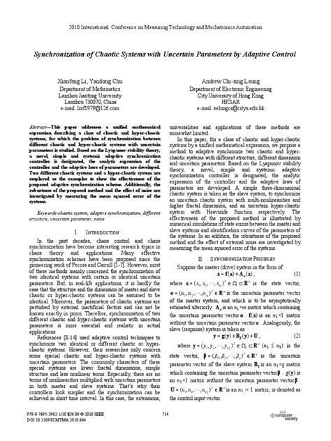 synchronization of chaotic systems with uncertain parameters by adaptive control pdf chaos