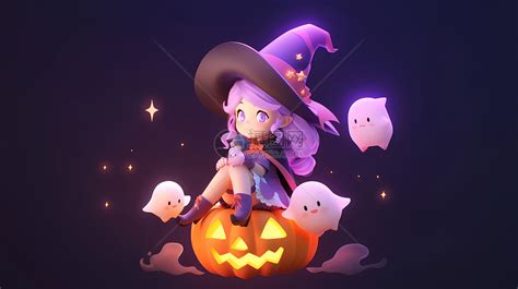 戴着紫色帽子坐在南瓜灯上可爱的卡通女巫插画图片下载 正版图片402528151 摄图网