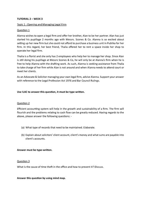 tutorial 2 w3 tutorial 2 week 3 topic 1 opening and managing legal firm question 1 alanna
