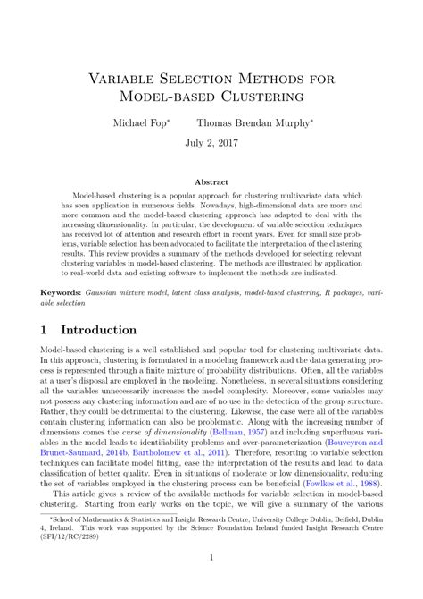 pdf variable selection methods for model based clustering