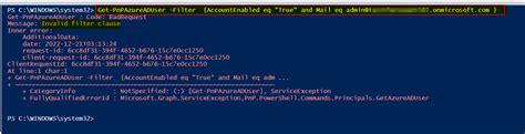 powershell get pnpazureaduser code badrequest message invalid filter clause stack overflow
