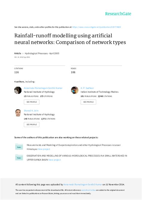 pdf rainfall‐runoff modelling using artificial neural networks comparison of network types