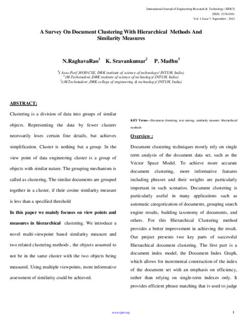 pdf ijert a survey on document clustering with hierarchical methods and similarity measures