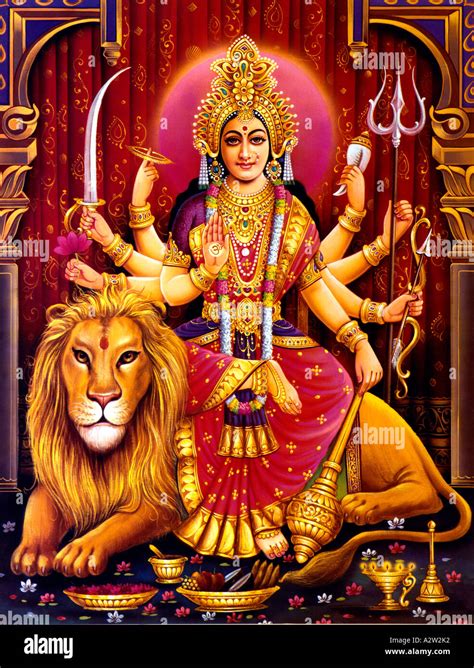 Goddess Durga Poster Reprint Hindu Goddess Sheran Wali Mata Picture With Glitter Unframed Size