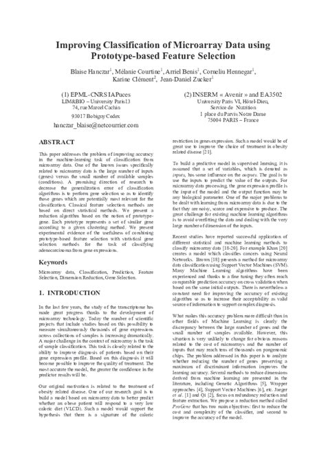 pdf improving classification of microarray data using prototype based feature selection jean