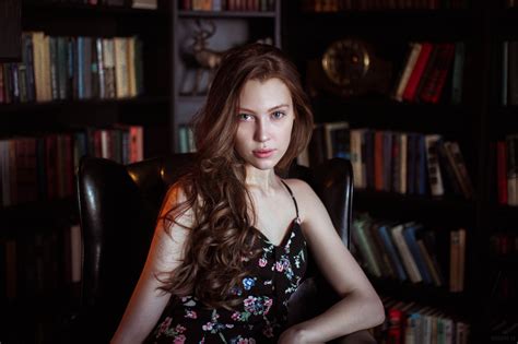 Wallpaper Women Brunette Long Hair Blue Eyes Face Pale Portrait Books Dress Bokeh