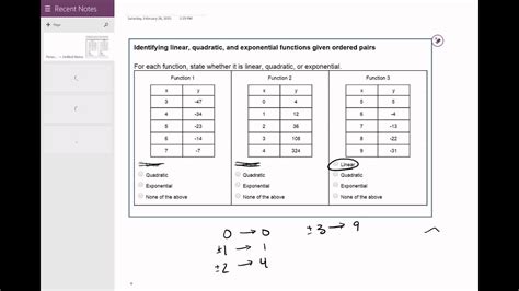 23 15 identifying linear quadratic and exponential functions given ordered pairs youtube