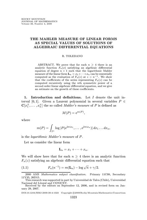 pdf the mahler measure of linear forms as special values of solutions of algebraic