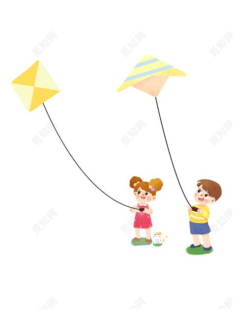 彩色手绘卡通女孩男孩人物放风筝春分春天春季元素PNG素材免费下载 觅知网