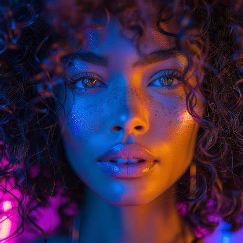 Premium Photo Closeup Beautiful Black Woman With Curly Hair And Glitter On Face On Neon Background