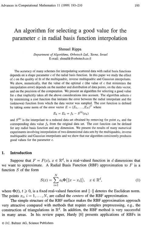 pdf an algorithm for selecting a good parameter c in radial basis function interpolation