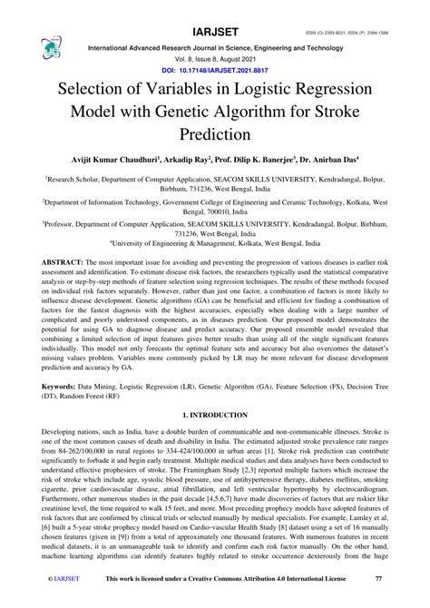 pdf selection of variables in logistic regression model with genetic algorithm for stroke
