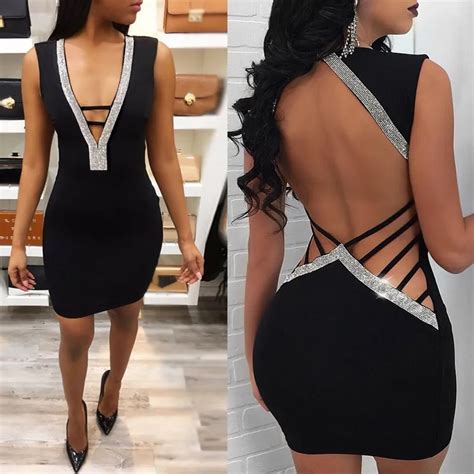 Sexy Women Sequin Club Bodycon Dress Deep V Neck Hollow Out Evening Party Mini Dress Backless