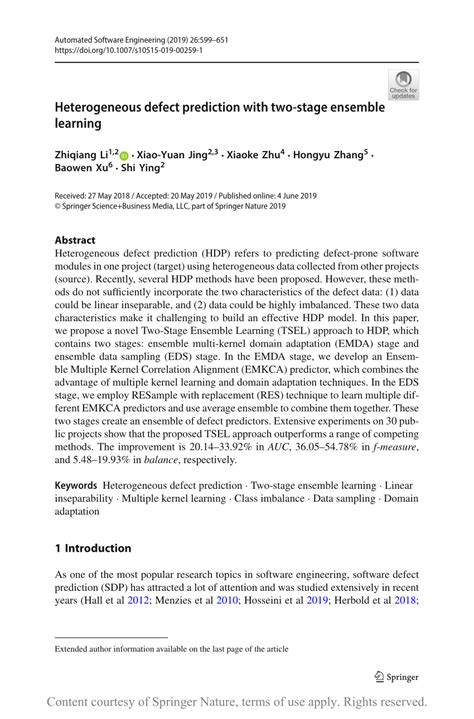 heterogeneous defect prediction with two stage ensemble learning request pdf