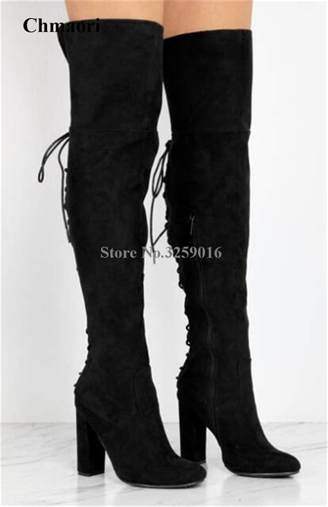 Women Fashion Black Suede Leather Over Knee Chunky Heel Boots Back Lace Up Cut Out Thigh High