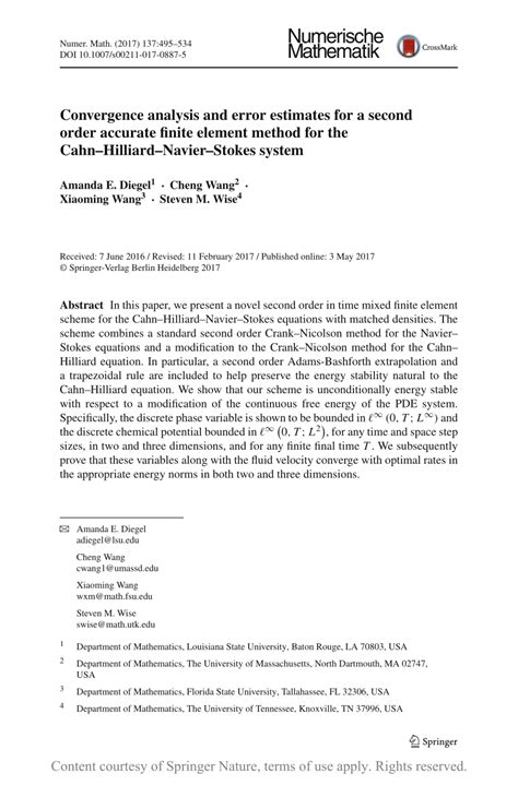 convergence analysis and error estimates for a second order accurate finite element method for