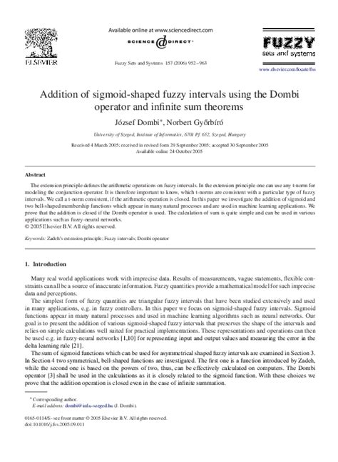 pdf addition of sigmoid shaped fuzzy intervals using the dombi operator and infinite sum