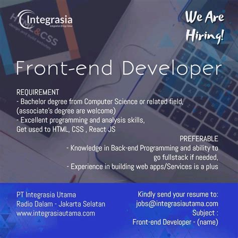 lowongan kerja sebagai front end developer di pt integrasia utama