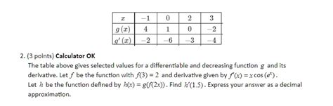 solved the table above gives selected values for a differentiable and decreasing function g and
