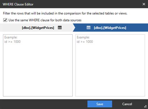 filtering the comparison with a where clause sql data compare 15 product documentation
