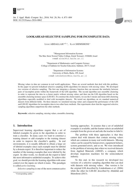 pdf lookahead selective sampling for incomplete data