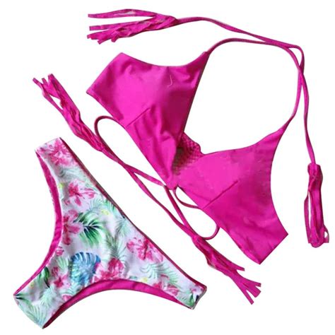 Buy 2018 Sexy Floral Cross Bandage Halter Biquini Sling Swim Bathing Suit