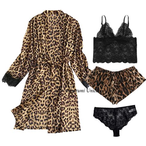 Sexy Leopard Print Night Dress Robe Women Deep V Neck Silky Satin Nightie Lace Sling Nightgowns