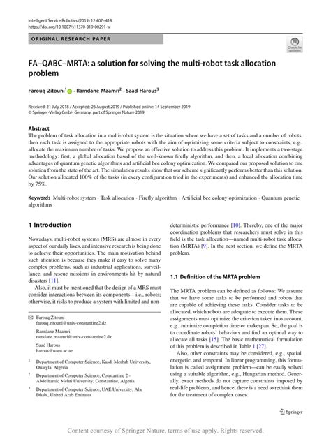 fa qabc mrta a solution for solving the multi robot task allocation problem request pdf