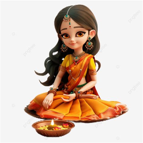 3 D のインドの伝統的な女の子手描きのグディ パドワ祭白の背景イラスト素材透過、pngフリー画像ダウンロード Pngtree