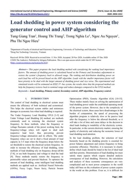 load shedding in power system considering the generator control and ahp algorithm pdf