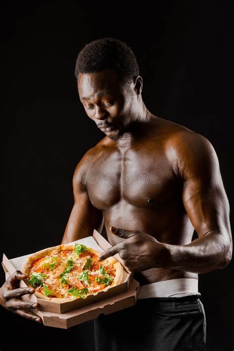 Surprised Naked Black Man Points Pizza In Cardboard Box Advertise For