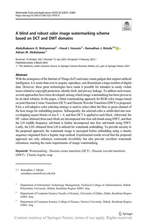a blind and robust color image watermarking scheme based on dct and dwt domains request pdf