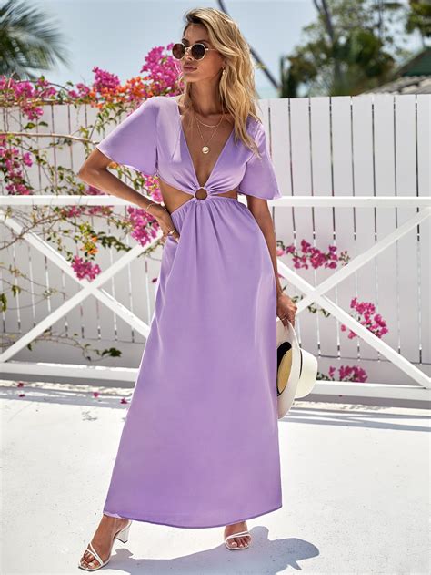 SHEIN VCAY Plunge Neck O Ring Detail Cut Out Waist Tie Backless Dress