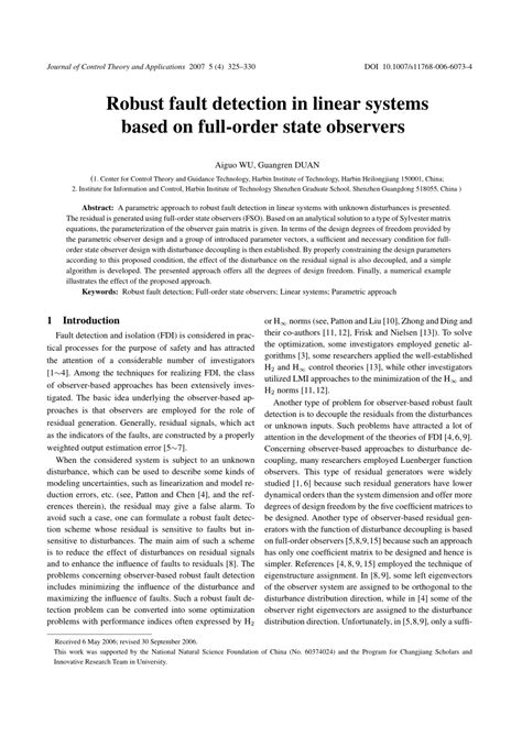 pdf robust fault detection in linear systems based on full order state observers