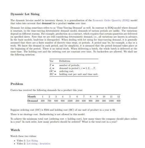 solved dynamic lot sizing the dynamic lot size model in