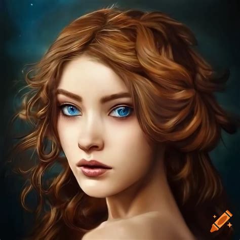 Hyperrealistic Portrait Of A Beautiful Woman With Wavy Brown Hair And Bright Blue Eyes On Craiyon