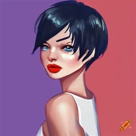 Comic Book Girl With Black Pixie Cut Hair In A White Basketball Jersey On Bed On Craiyon
