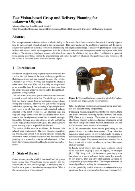 pdf fast vision based grasp and delivery planning for unknown objects